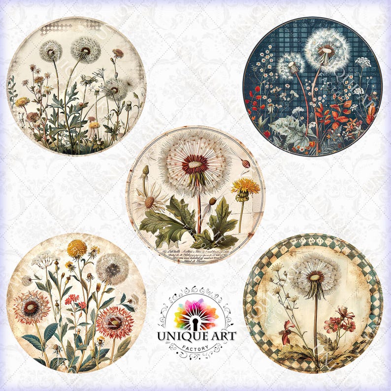 Vintage Dandelion Round Clipart, Printable 20 PNG Image, Circle ...