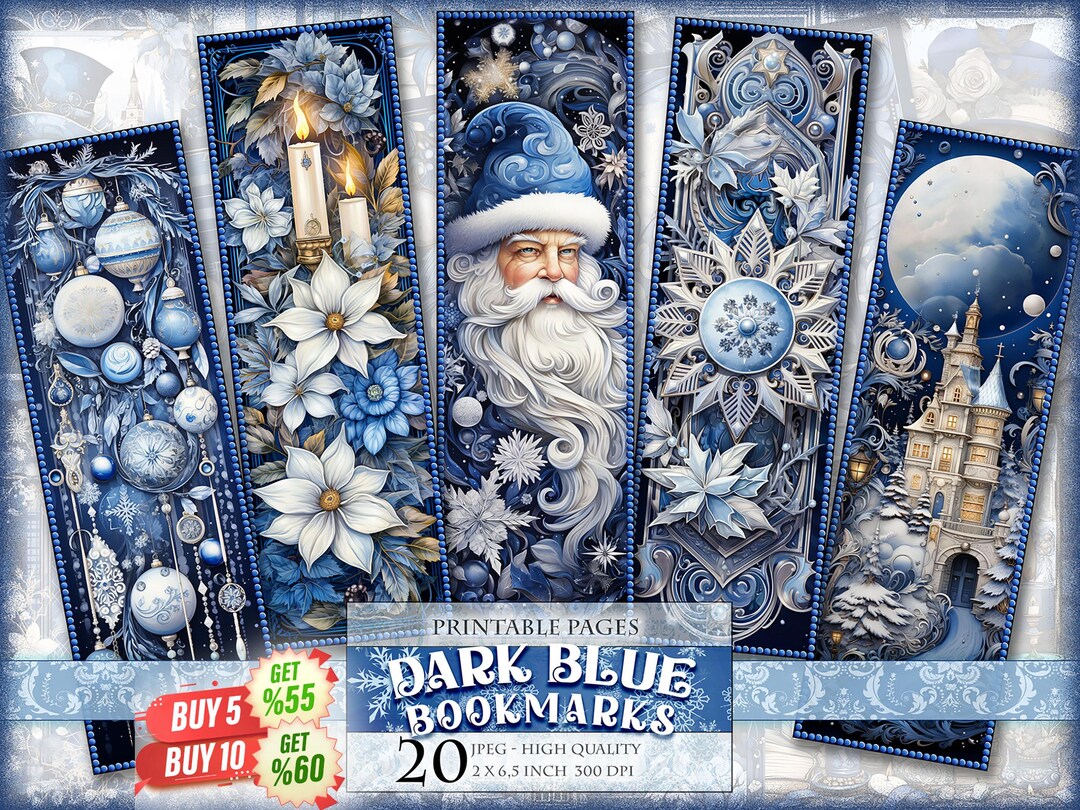 Dark Blue Bookmarks, Vintage Noel, Watercolor Digital Sheets, 2x6,5 ...