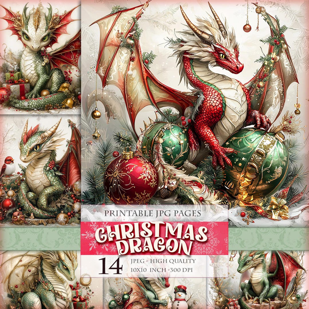 Christmas Dragon, Printable 14 HQ JPG Clipart Bundle, Scrapbook Junk ...