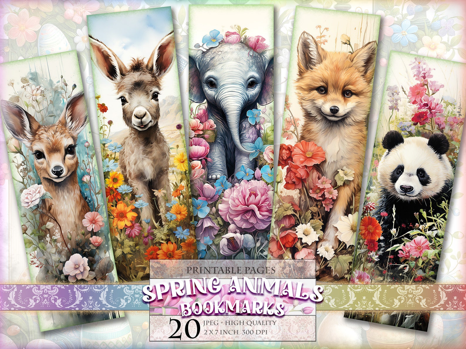 Spring Animals Bookmarks, Watercolor Digital Sheets, 2x6,3 Inch 20 ...