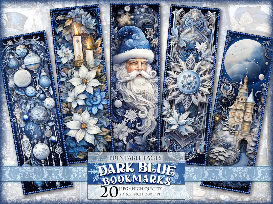 Dark Blue Bookmarks, Vintage Noel, Watercolor Digital Sheets, 2x6,5 ...