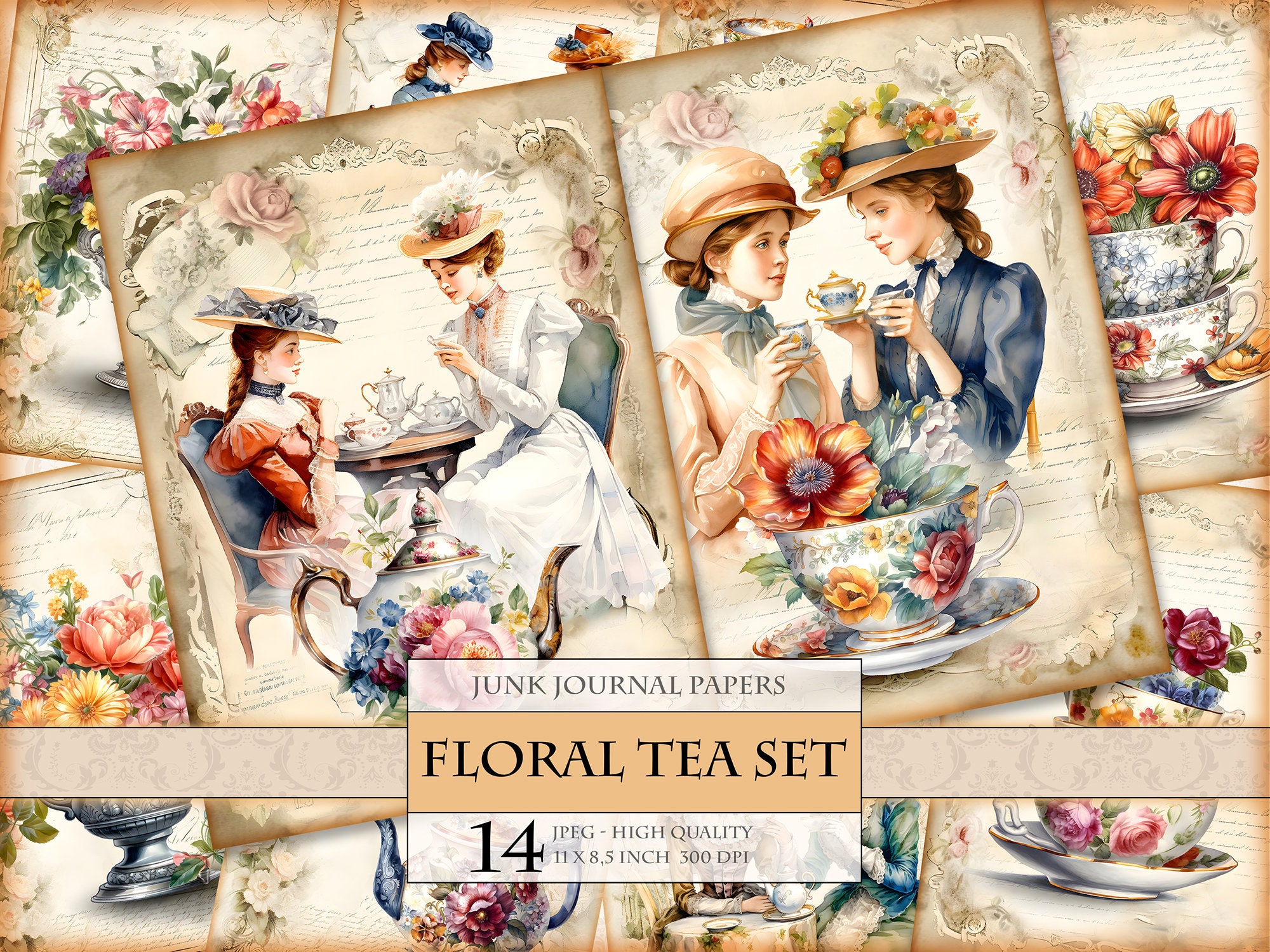 Vintage Floral Tea Set Themed Junk Journal Pages 14 Pcs JPG - Etsy
