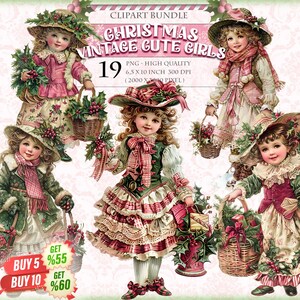 PNG Vintage Cute Girls, Christmas, Watercolor Clipart Bundle, 19 HQ ...