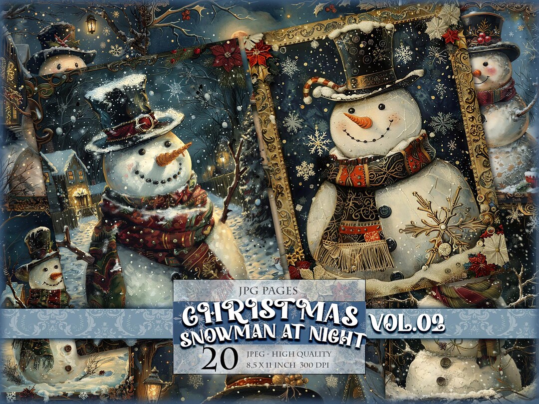 Christmas Snowman at Night, Printable Digital Images, HQ 20 JPG - 8,5 X ...
