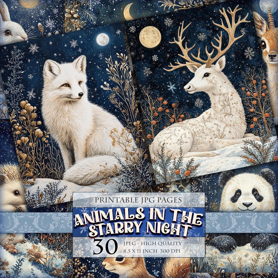 Animals in the Starry Night, Printable 30 JPG Image, Watercolor Clipart ...