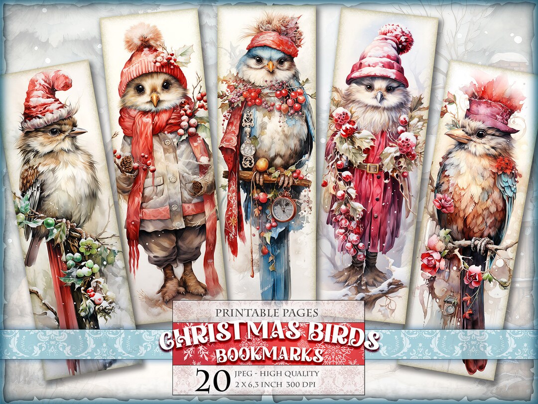 Christmas Birds Bookmark, Vintage Noel, Watercolor Digital Sheets, 2x6 ...