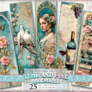 Teal and Pink Bookmarks, Watercolor Digital Sheets, 2x7 Inch 25 ...