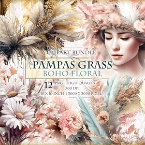 Pampas Grass Boho Floral Wreaths Watercolor Clipart Bundle, HQ ...