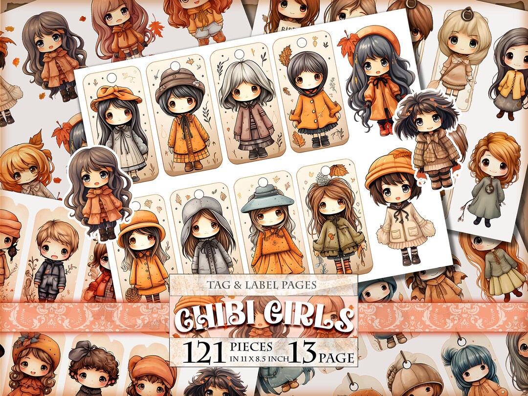 Chibi Girls - Tags, Labels, ATC, Watercolor Junk Journal Embellishments ...