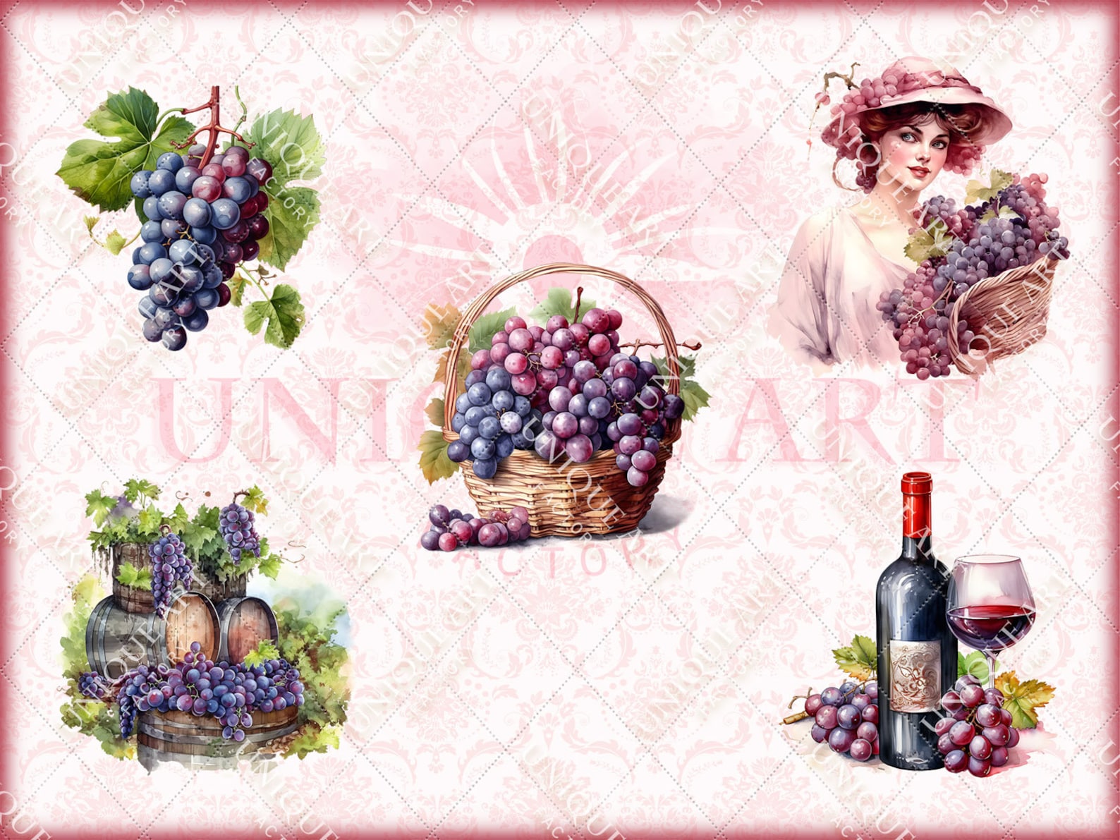 Red Wine and Grapes Watercolor Clipart Bundle HQ Printable PNG Format ...