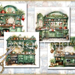 Rustic Green Kitchens, Watercolor Printable Pages, Digital Collage ...