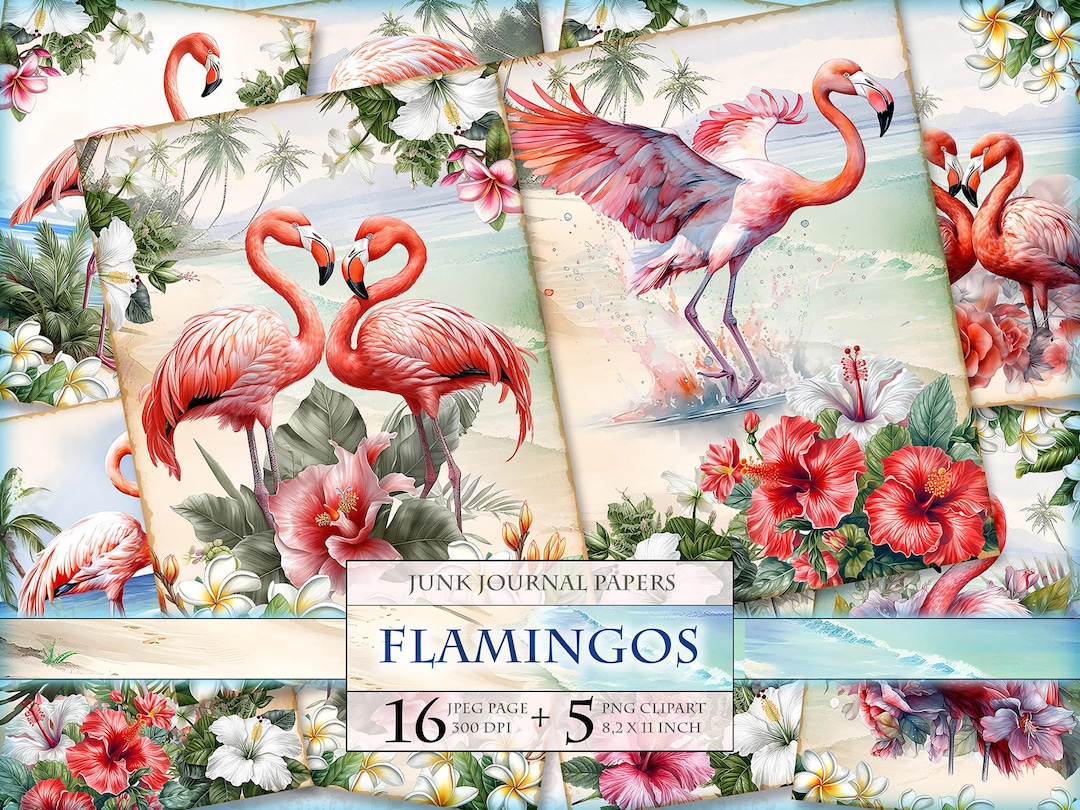Flamingos - Tropical Themed Junk Journal Pages - 16 JPG + 5 PNG File ...