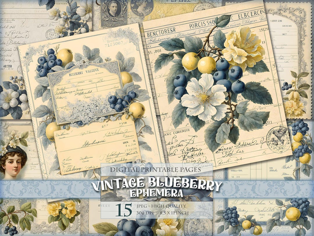 Vintage Blueberry Ephemera, Watercolor Floral Junk Journal Pages, 15 ...