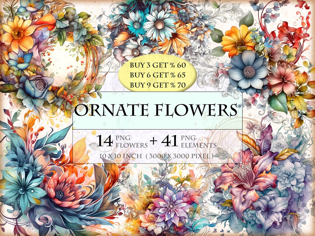 Ornate Flowers and Elements Watercolor Clipart Bundle HQ - Etsy