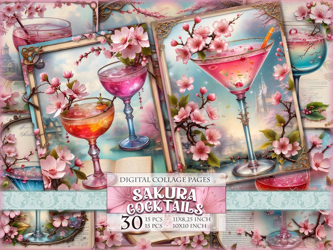 Sakura Cocktail, Digital Printable Collage Sheets, 30 Single Page JPG ...
