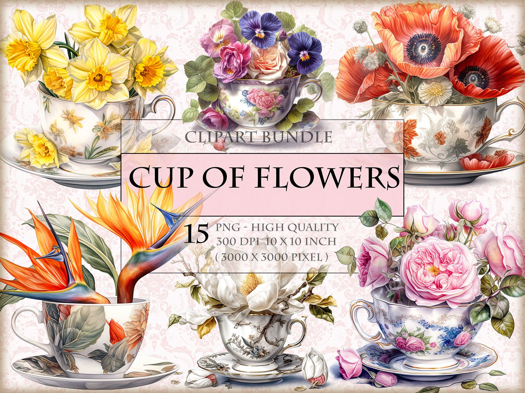Cup of Flowers Watercolor Clipart Bundle HQ Printable PNG - Etsy