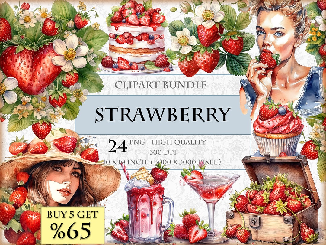 Strawberry Watercolor Clipart Bundle HQ Printable PNG Format Instant ...