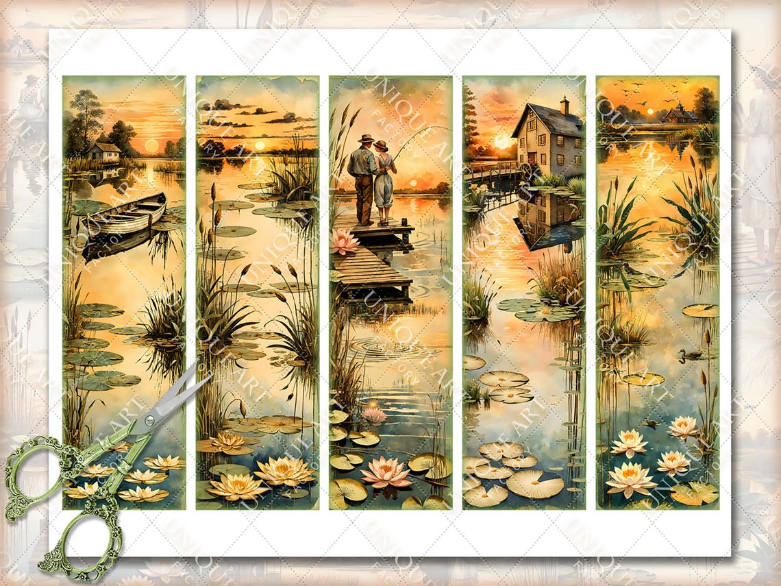 Sunset on the Lake Bookmarks, Watercolor Digital Sheets, 2x7 Inch 20 ...