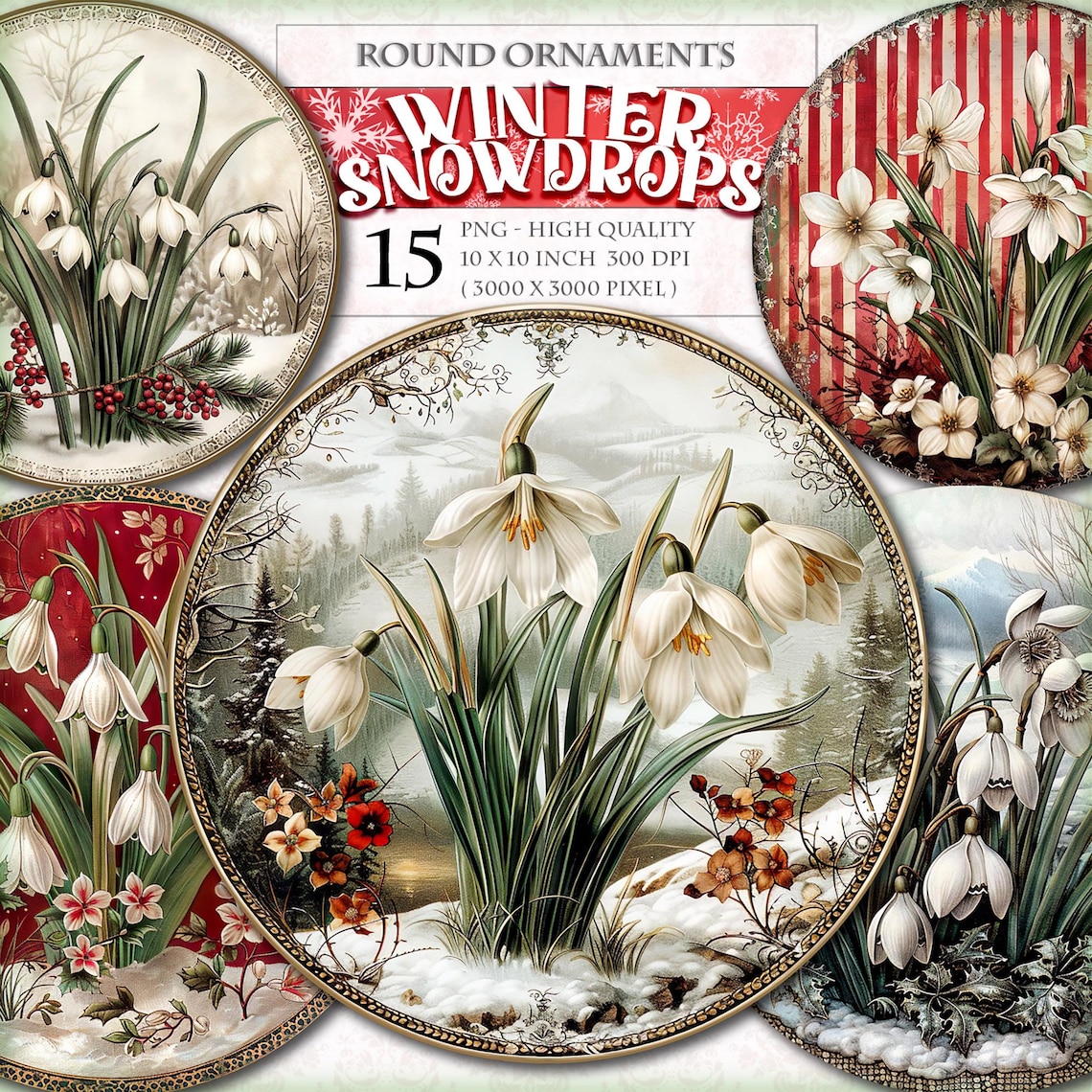 Winter Snowdrop Round Ornaments, Watercolor Clipart Bundle, 12 HQ ...