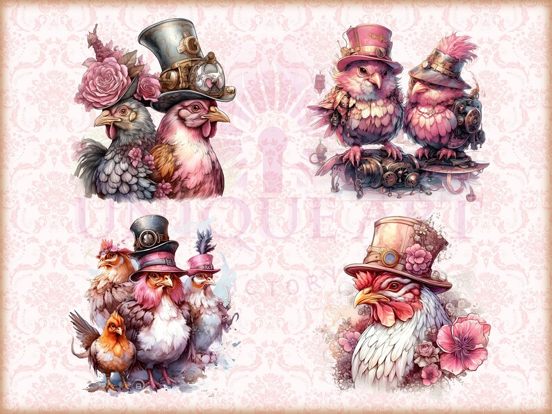 Steampunk Chicken Family Watercolor Clipart Bundle HQ - Etsy