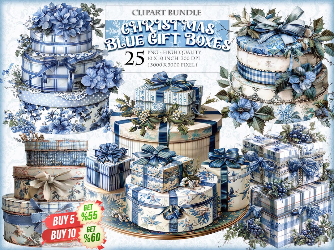 Christmas Blue Gift Boxes, Watercolor Clipart Bundle, 25 HQ Printable ...