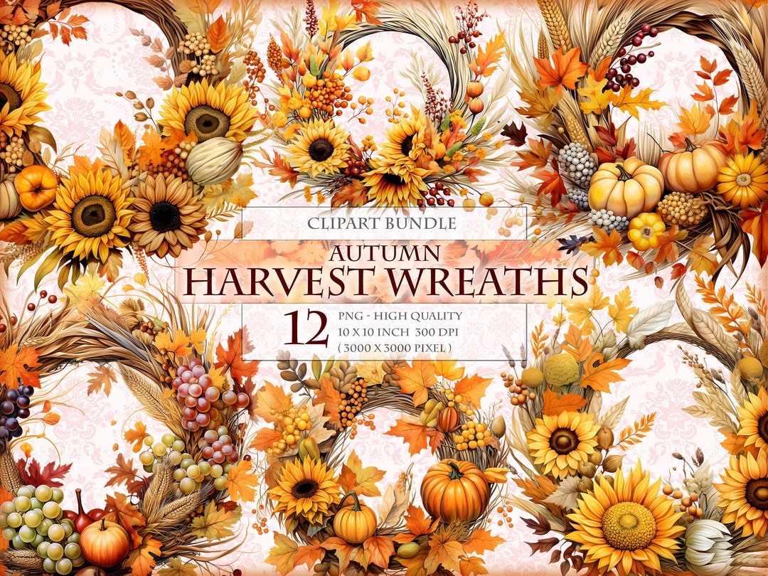 Autumn Harvest Wreaths, Watercolor Clipart Bundle HQ Printable PNG ...