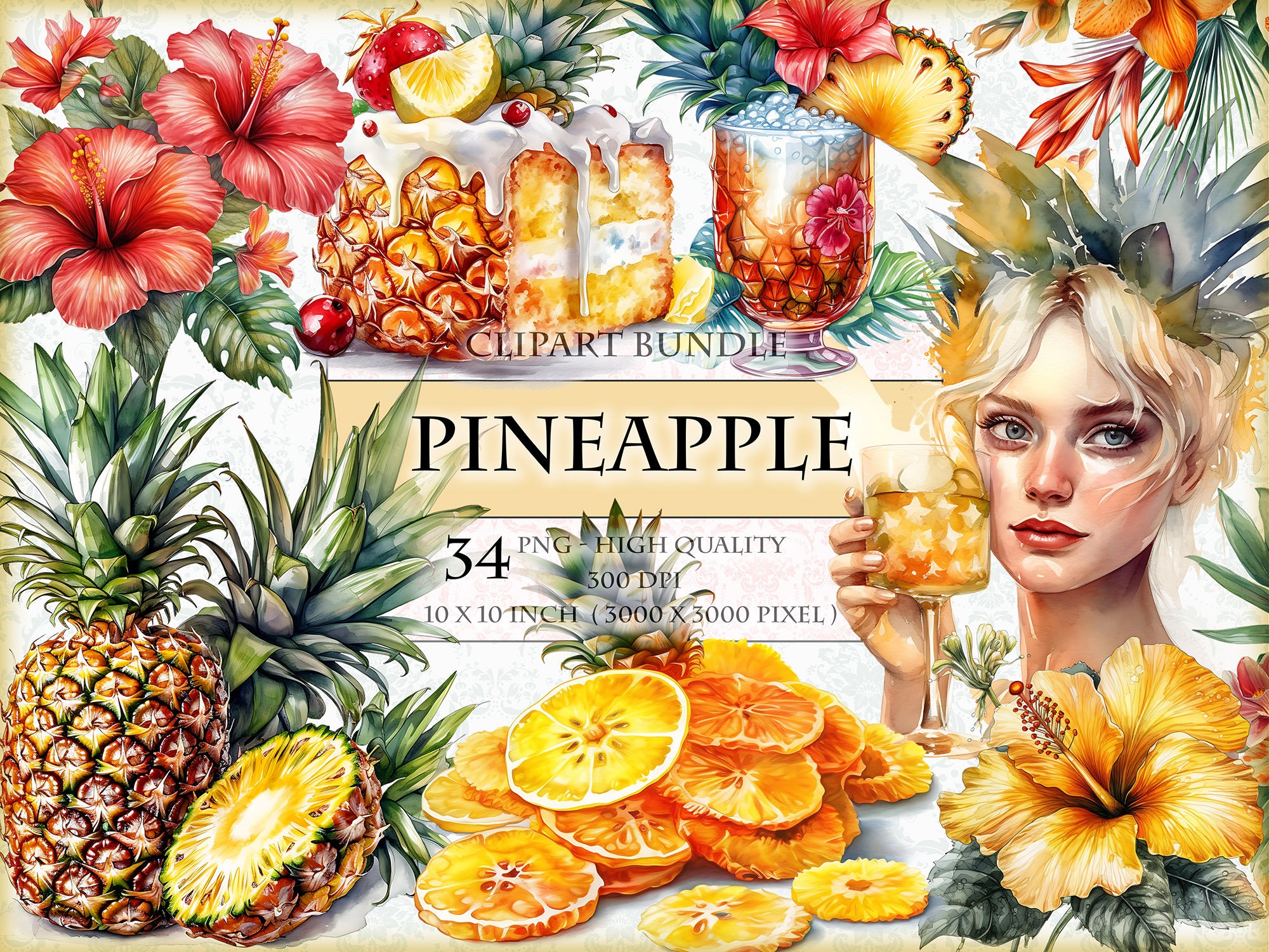 Pineapple and Blossom Tropical Fruit Themed Watercolor - Etsy