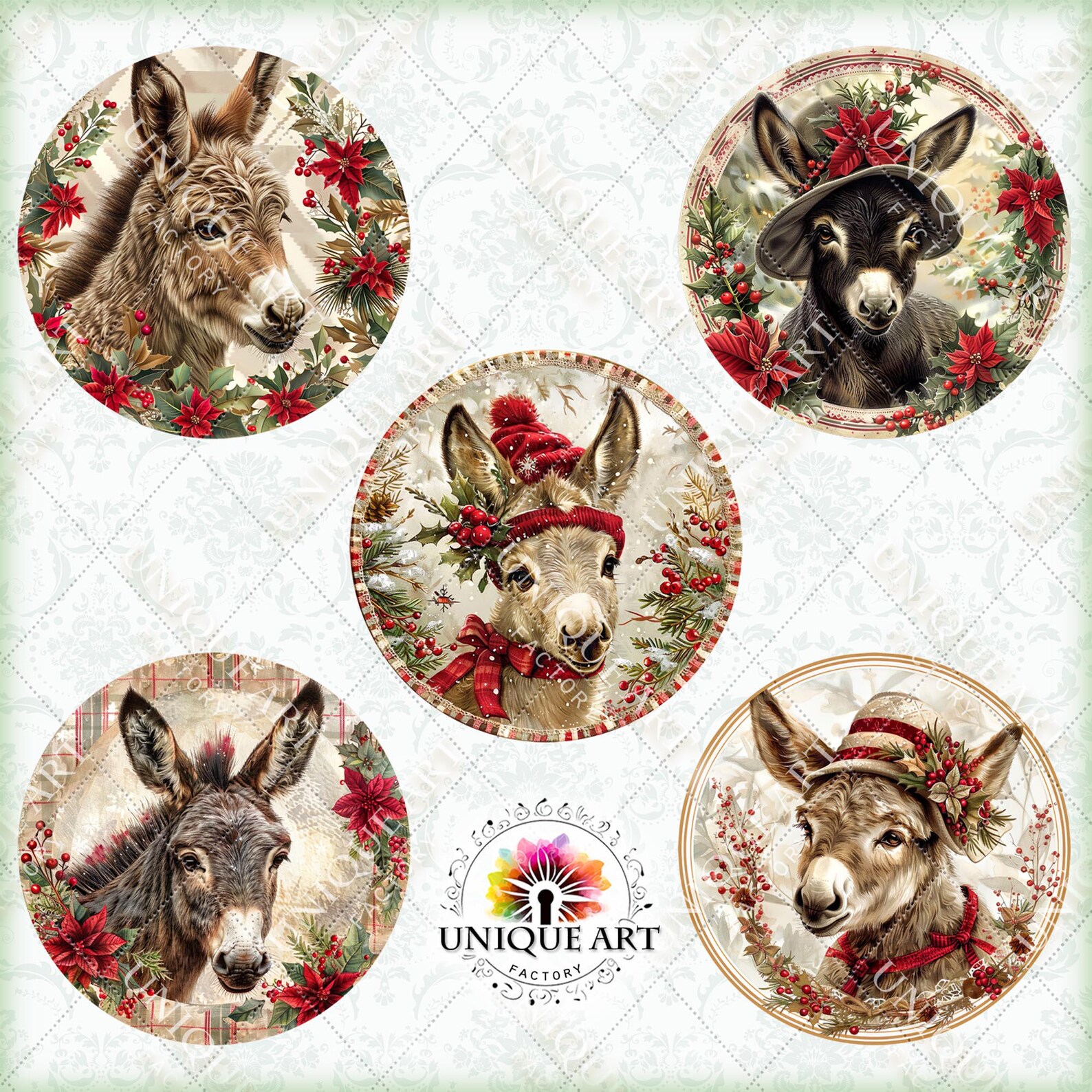 Christmas Donkeys - Round Clipart Bundle, Printable 16 PNG Image, Door ...