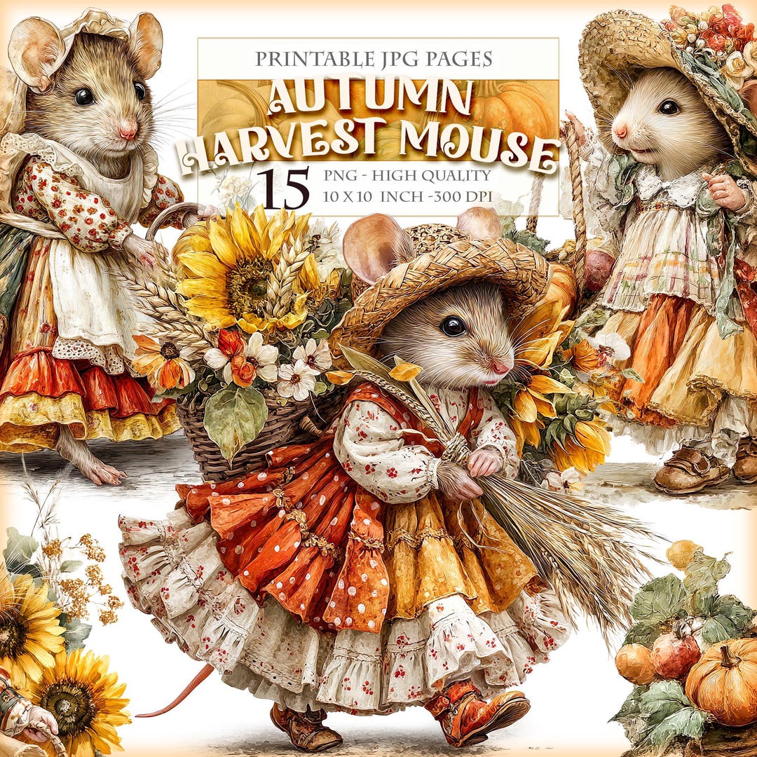 Autumn Harvest Mouse, Victorian Mice, Printable 15 PNG Clipart, Fall ...