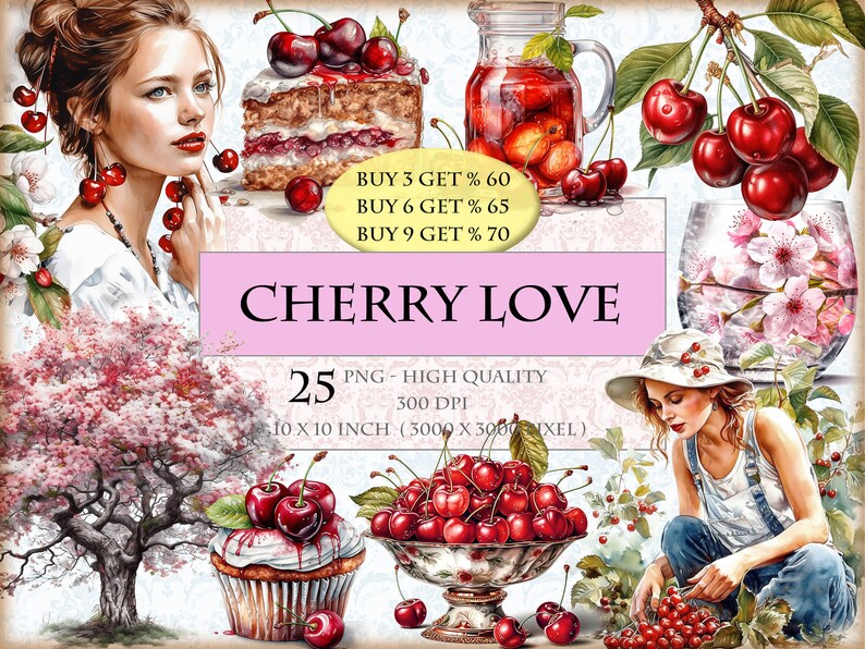 Cherry Love Cherry Themed Watercolor Clipart Bundle HQ - Etsy