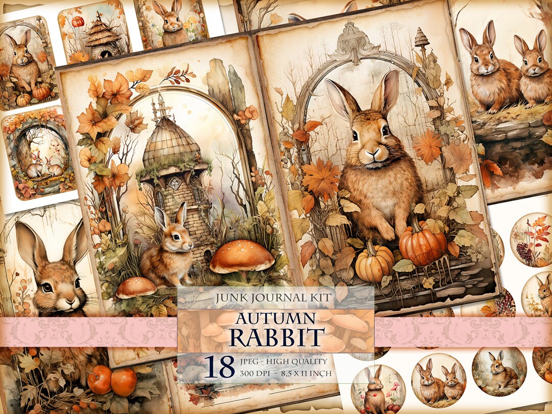 Autumn Rabbit, Fall Bunnies Watercolor Junk Journal Kit, 18 JPG 8,5X11 ...