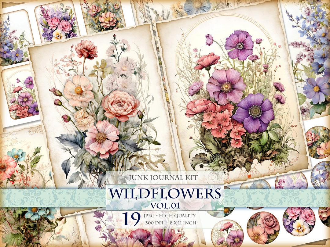Wildflowers Vol 01, Watercolor Junk Journal Kit, 19 JPG 11X8 Inch ...
