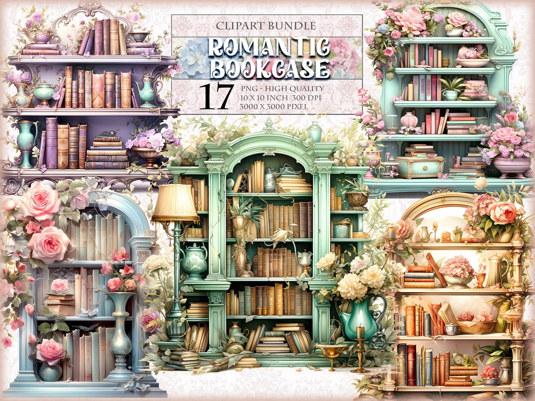 Romantic Bookcase, Floral Watercolor Clipart Bundle, 17 HQ Printable ...