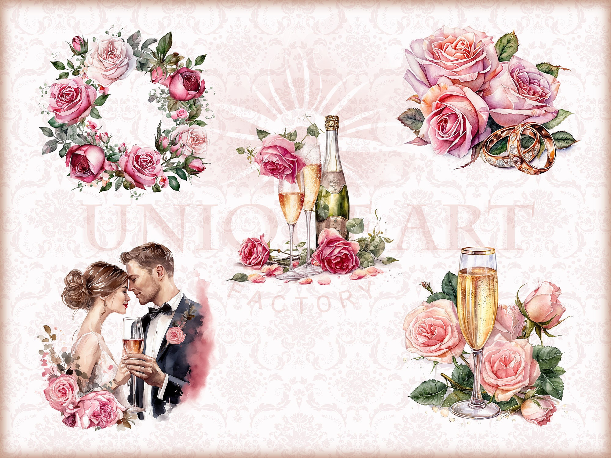 Roses and Champagne Wedding Invitation Series Watercolor - Etsy UK