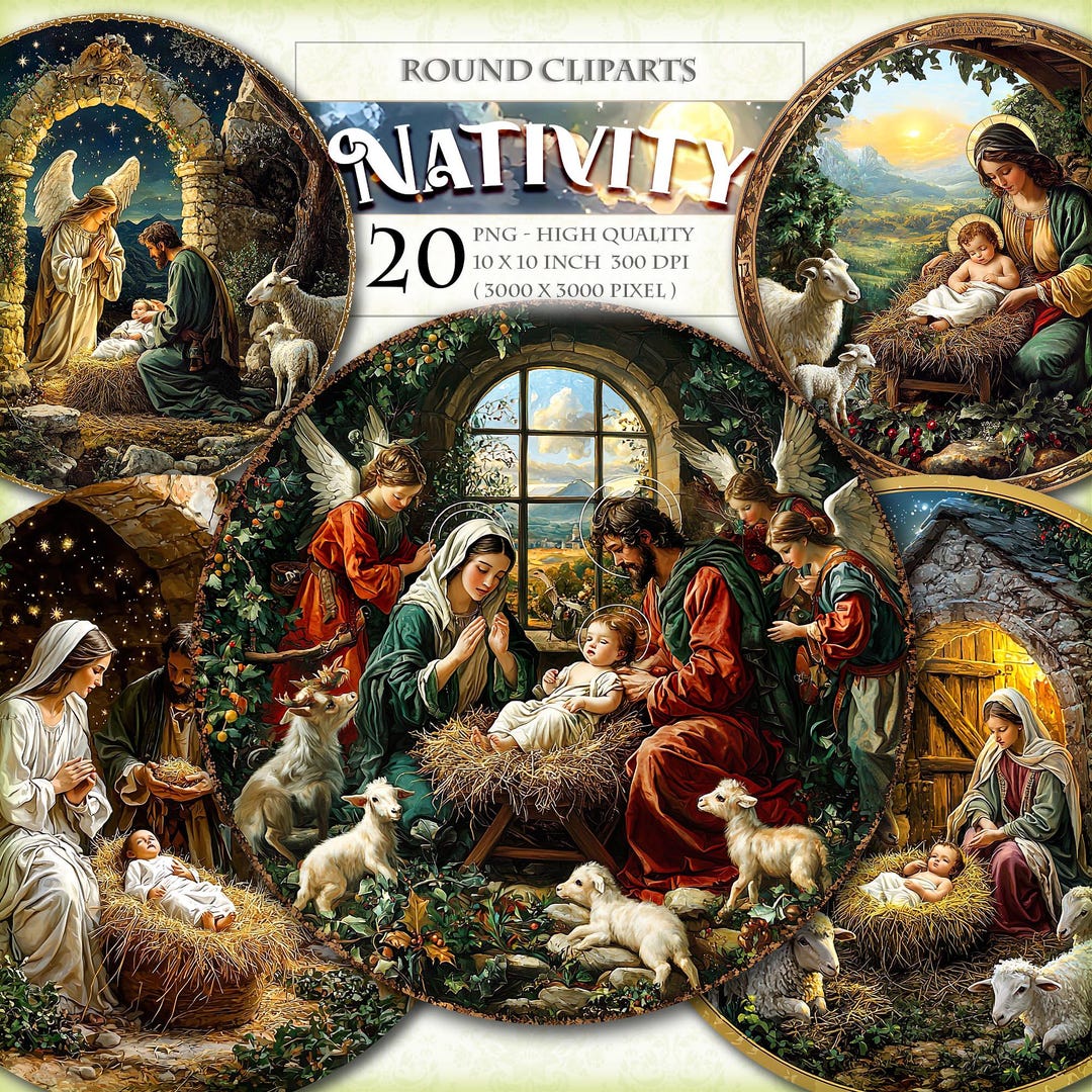 Nativity Scene Round Cliparts, Printable 20 PNG Image, Decorative Gift ...