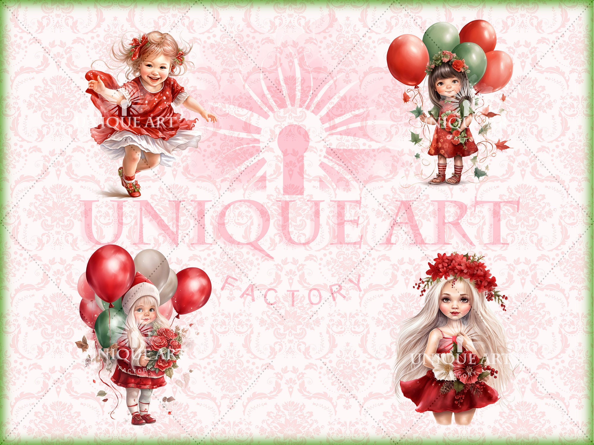 Christmas Cute Girls Gifts and Balloons Watercolor Clipart - Etsy