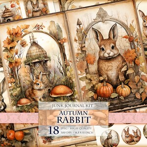 Autumn Rabbit, Fall Bunnies Watercolor Junk Journal Kit, 18 JPG 8,5X11 ...