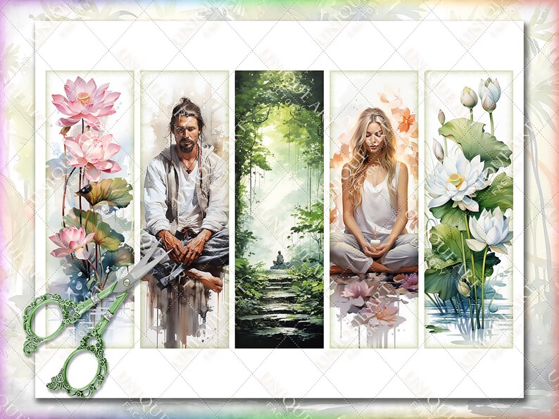 Yoga Bookmarks, Watercolor Digital Sheets, 2x6,3 Inch 20 Bookmarks in 4 ...