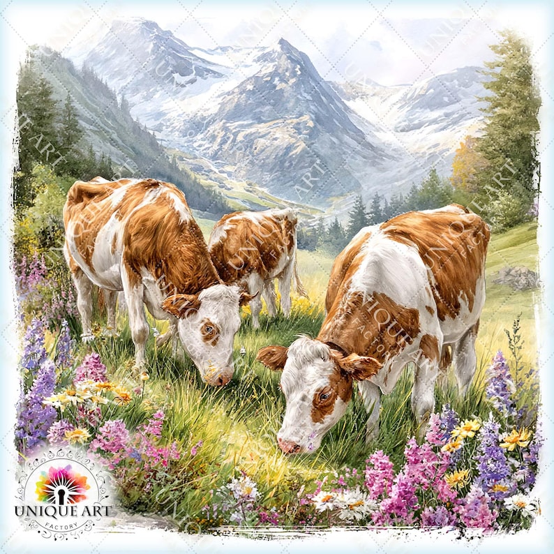 Spring Farm Cows, Printable 35 JPG Image, Calf in Floral Meadow ...