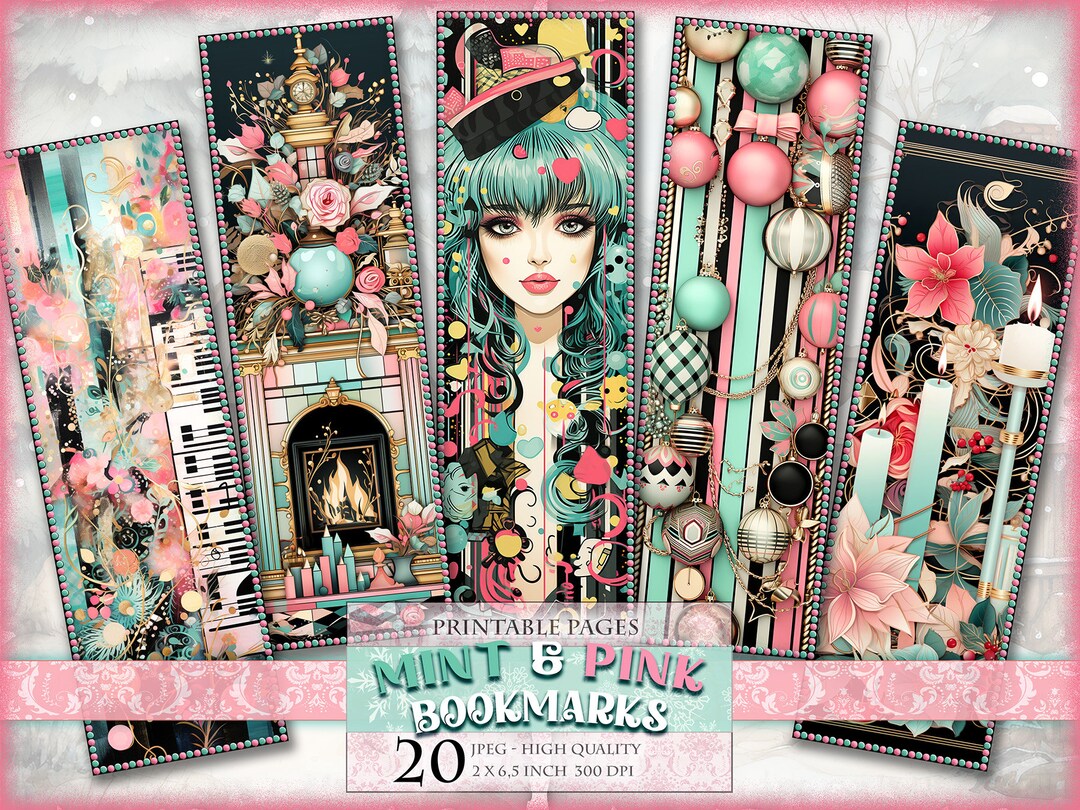Mint and Pink Bookmarks, Vintage Noel, Watercolor Digital Sheets, 2x6,5 ...