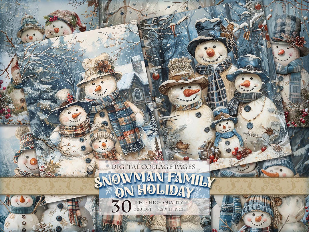 Snowman Family on Holiday, Digital Collage Sheet, Printable Pages, HQ ...
