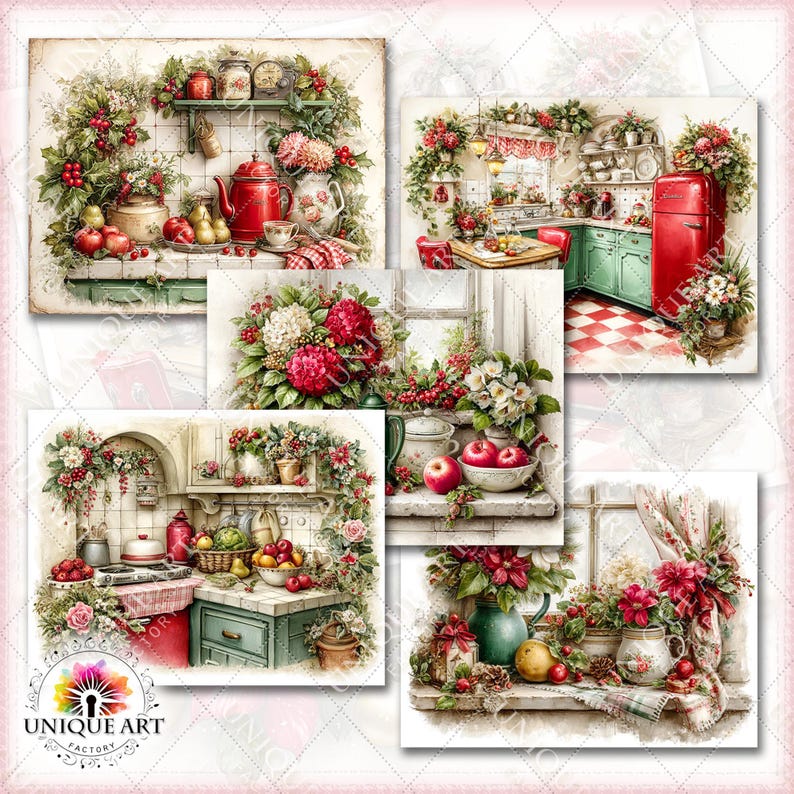 Holly Jolly Kitchen, Christmas Interior, Printable 25 JPG Image, Cozzy ...