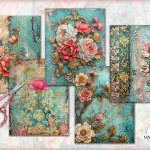 Rococo Rustic Floral Pages, Watercolor Scrapbook Collage Sheets ...