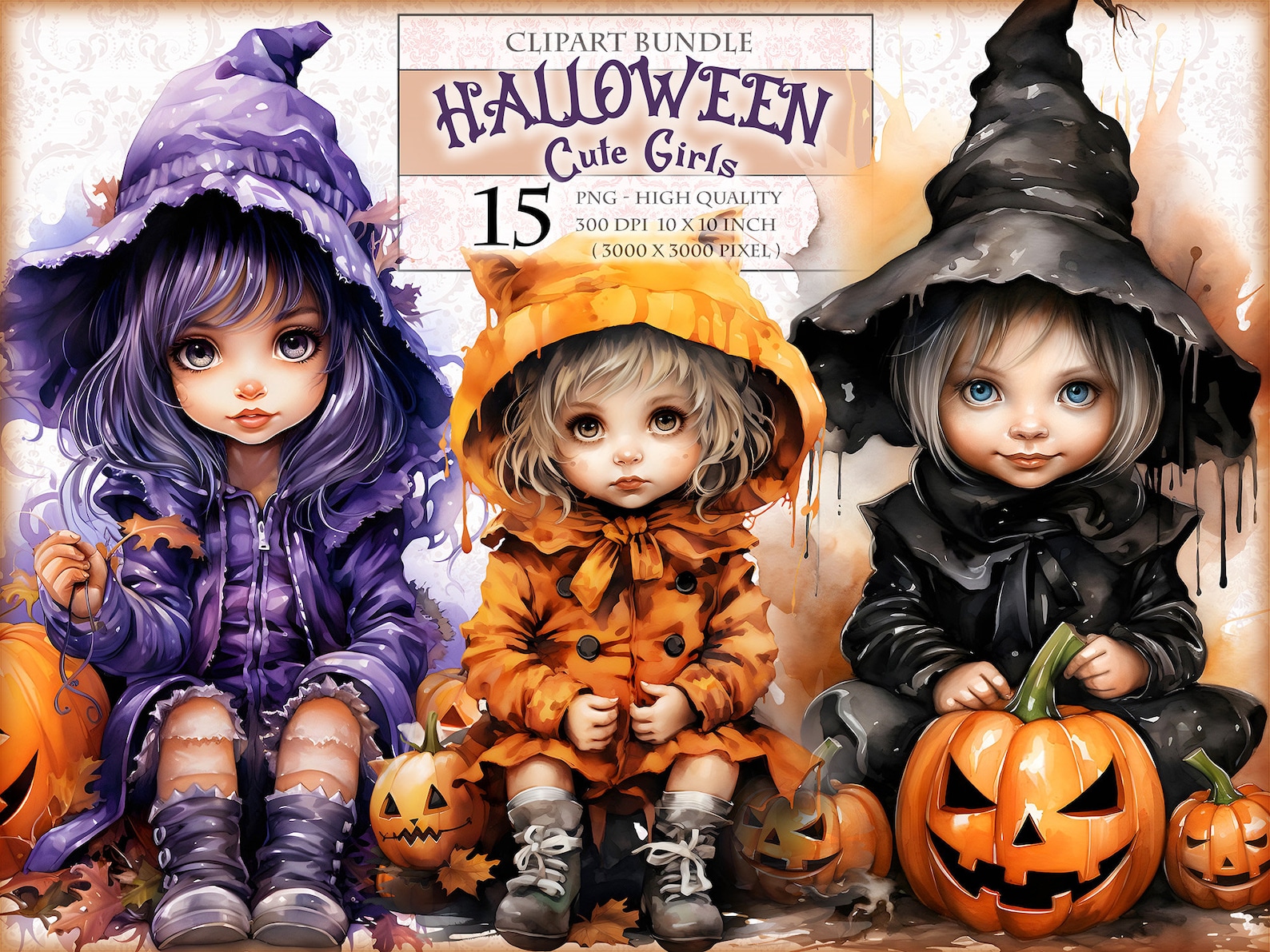 Halloween Cute Girls Watercolor Clipart Bundle HQ Printable - Etsy