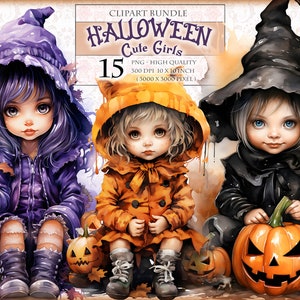 Halloween Cute Girls, Watercolor Clipart Bundle, HQ Printable, PNG ...