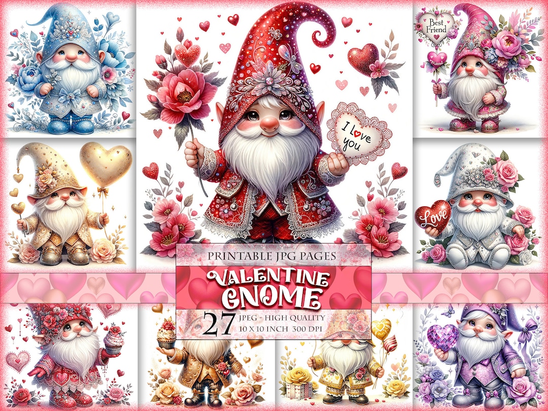 Valentine Gnome, Printable Digital Pages, Collage Sheets, HQ 27 JPG 10 ...