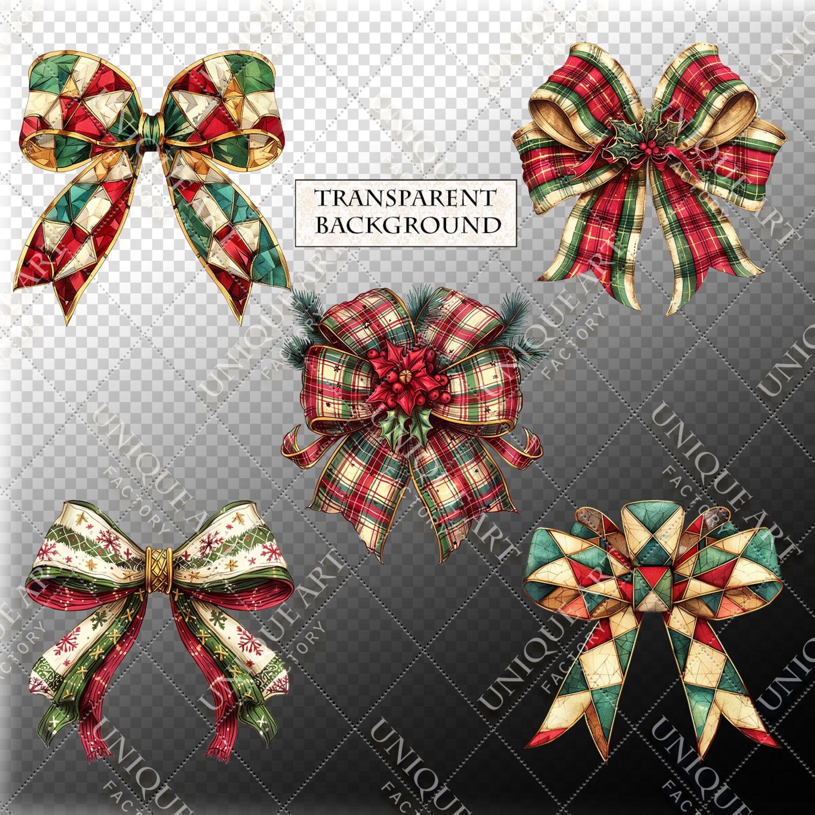 Christmas Red-green Ribbon Bow, Printable 30 HQ PNG Clipart Bundle ...