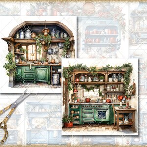 Rustic Green Kitchens, Watercolor Printable Pages, Digital Collage ...