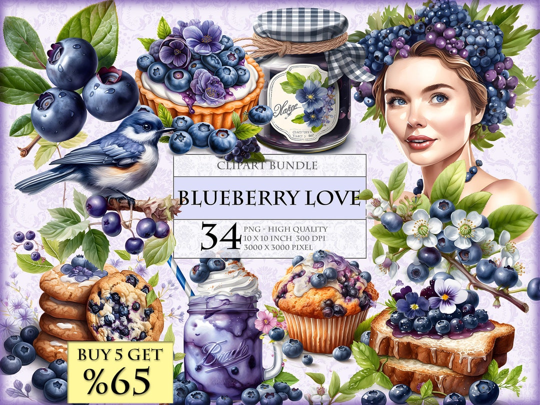 Blueberry Love Blueberry Themed Watercolor Clipart Bundle, HQ Printable ...