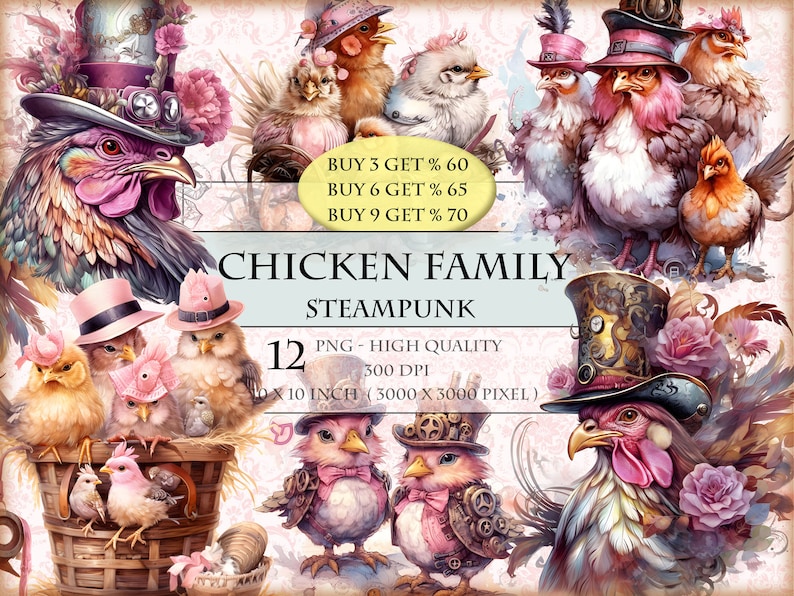 Steampunk Chicken Family Watercolor Clipart Bundle HQ - Etsy